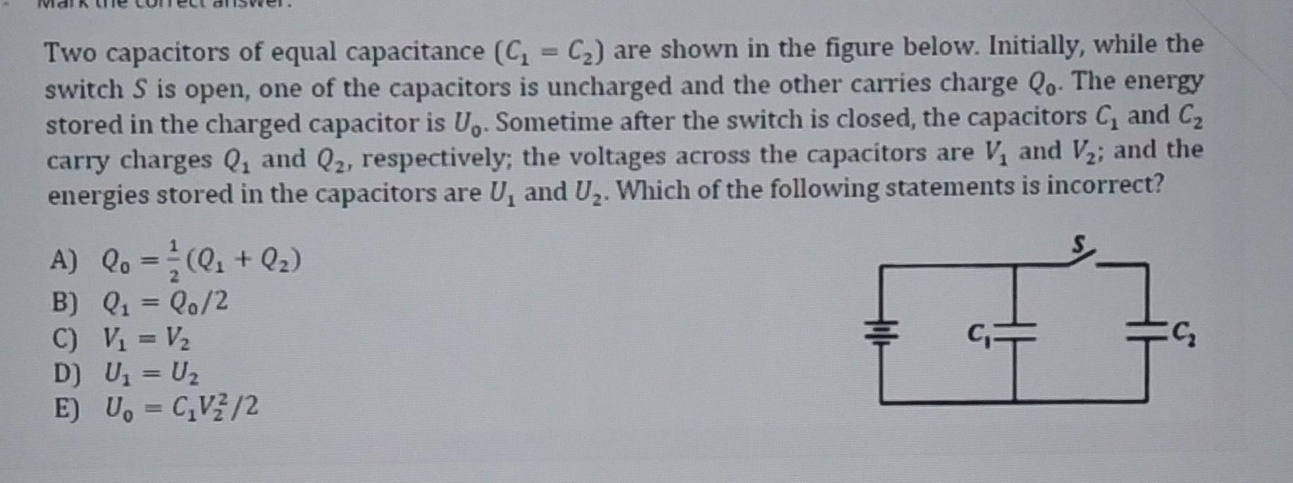 Solved Two capacitors of equal capacitance (C1=C2) are shown | Chegg.com