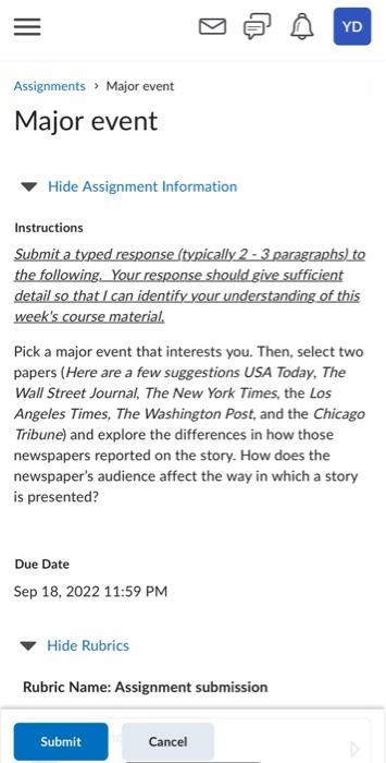 Major event Hide Assignment Information Instructions | Chegg.com