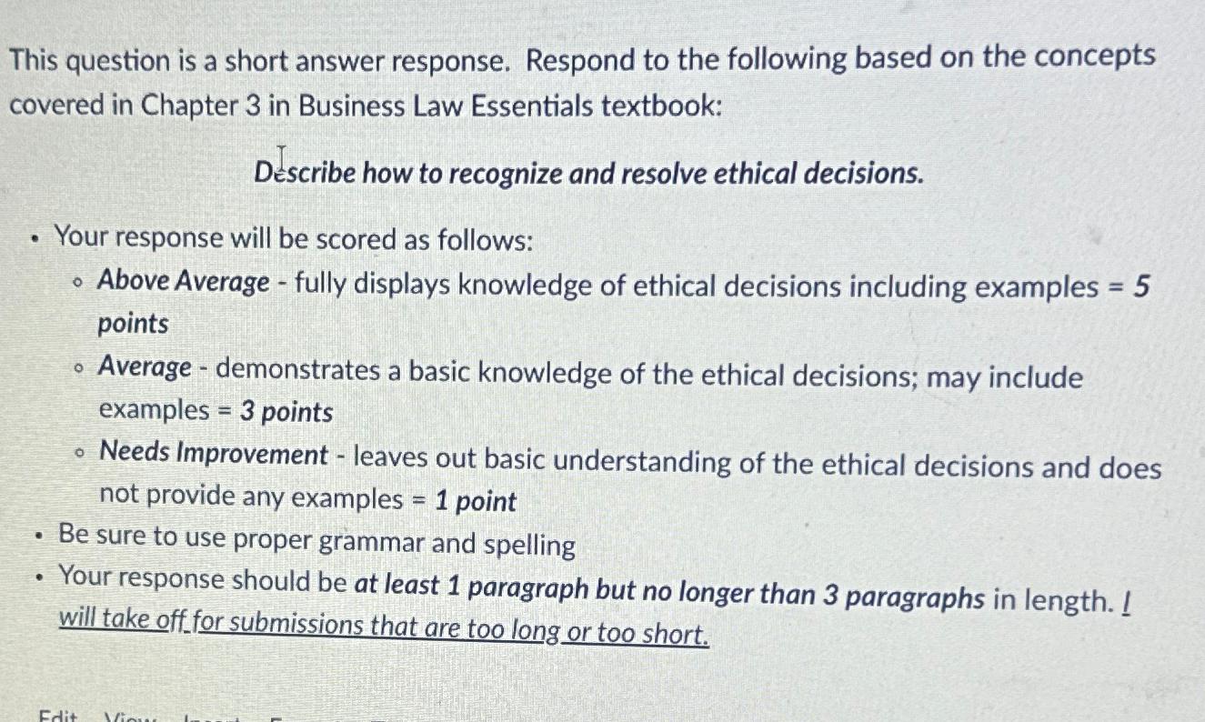 Solved This question is a short answer response. Respond to | Chegg.com