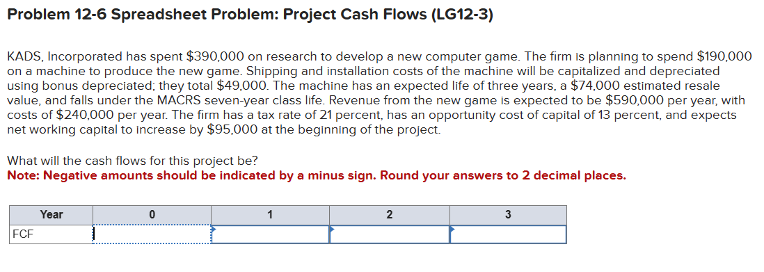 Solved Problem 12-6 Spreadsheet Problem: Project Cash Flows | Chegg.com Solved Problem 12-6 Spreadsheet Problem: Project Cash Flows | Chegg.com