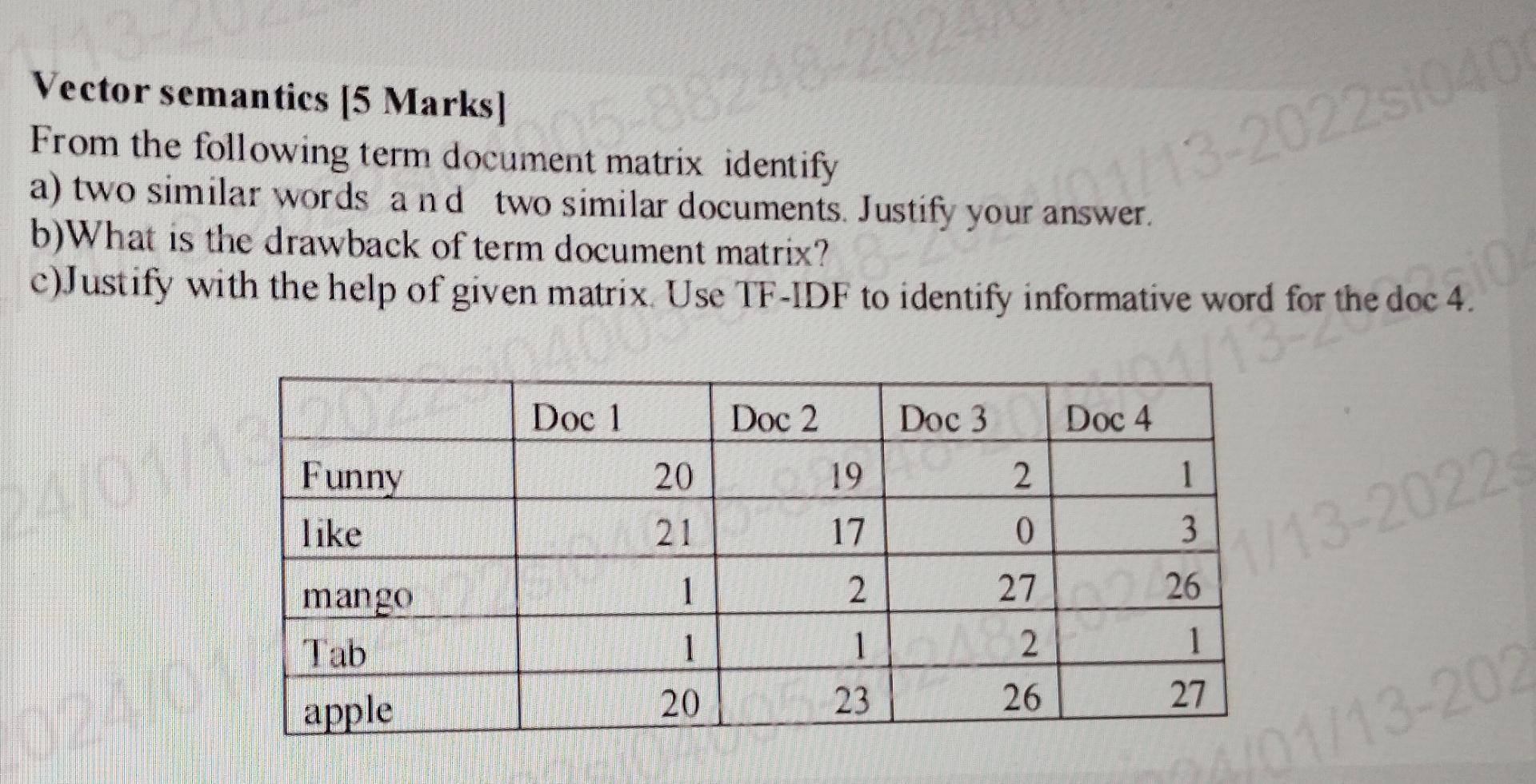 Solved Vector semantics [5 ﻿Marks]From the following term | Chegg.com
