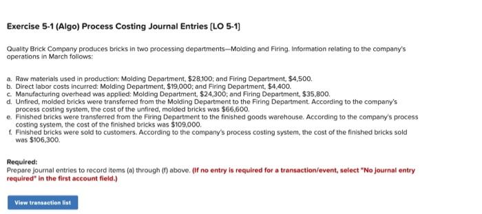 Solved Exercise 5-1 (Algo) Process Costing Journal Entries | Chegg.com