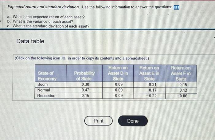 Solved Expected Return And Standard Deviation Use The