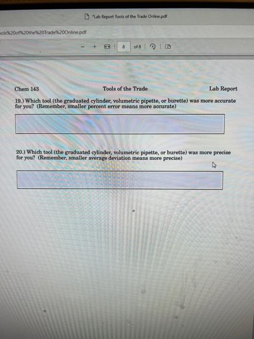Chem 143 Tools of the Trade Lab Report Data and | Chegg.com