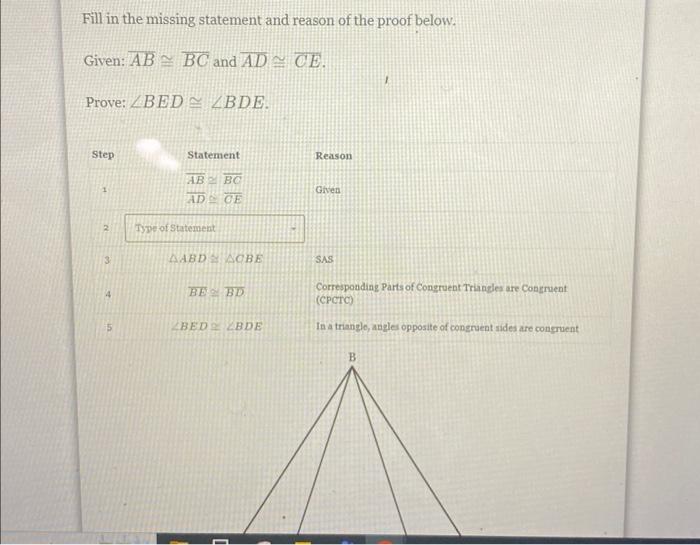 Solved Fill in the missing statement and reason of the proof | Chegg.com