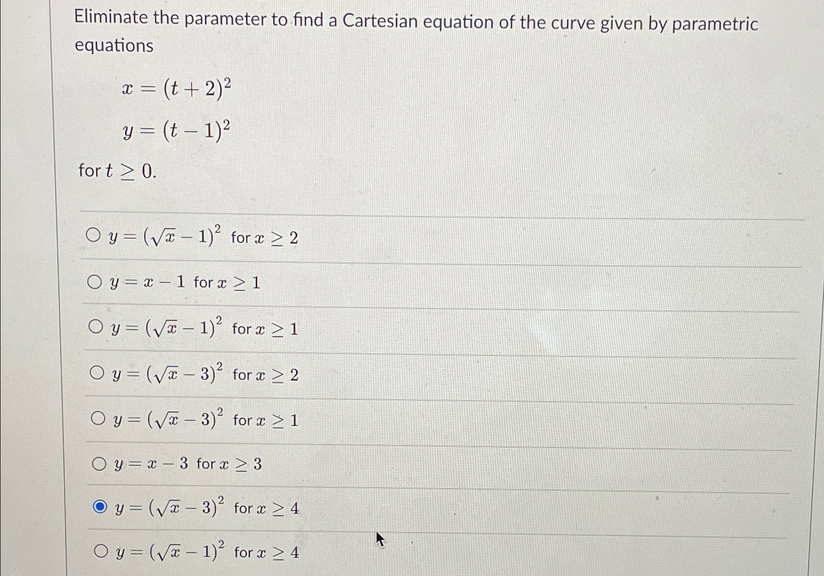 Solved Eliminate the parameter to find a Cartesian equation | Chegg.com