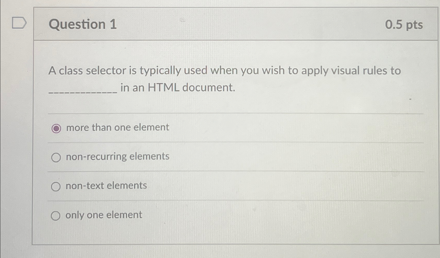 Solved Question 10.5ptsA class selector is typically used | Chegg.com