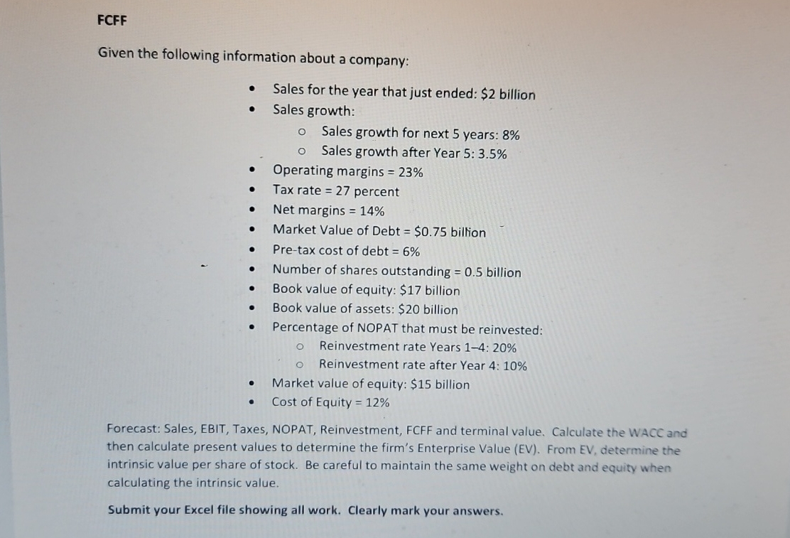 FCFFGiven the following information about a | Chegg.com