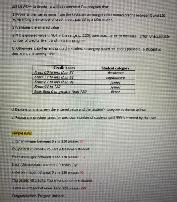 Solved Use DeV-C+ to develo a well-documented C++program | Chegg.com