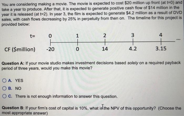 Solved You are considering making a movie. The movie is | Chegg.com
