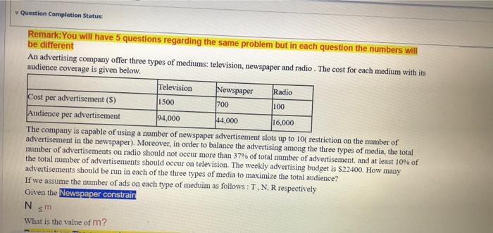 Solved Question Completion Status Remark:You will have 5 | Chegg.com