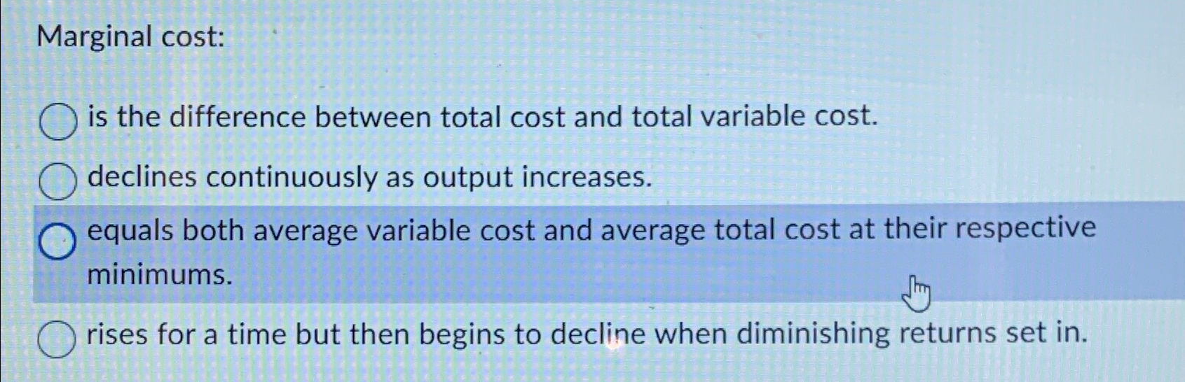 Solved Marginal cost:is the difference between total cost | Chegg.com