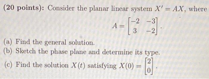 Solved - (20 points): Consider the planar linear system X' = | Chegg.com