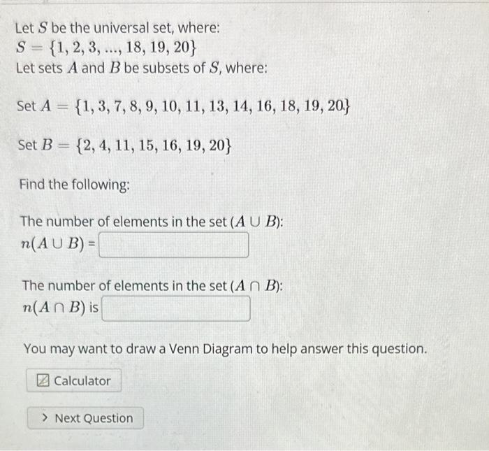 Solved S={1,2,3,…,18,19,20} Let sets A and B be subsets of | Chegg.com