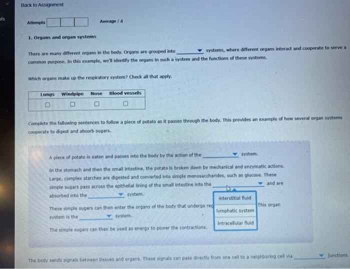 Solved Back to Assignment Attempts Average / 4 1. Organs and | Chegg.com