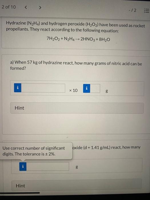 Solved Hydrazine (N2H4) and hydrogen peroxide (H2O2) have | Chegg.com