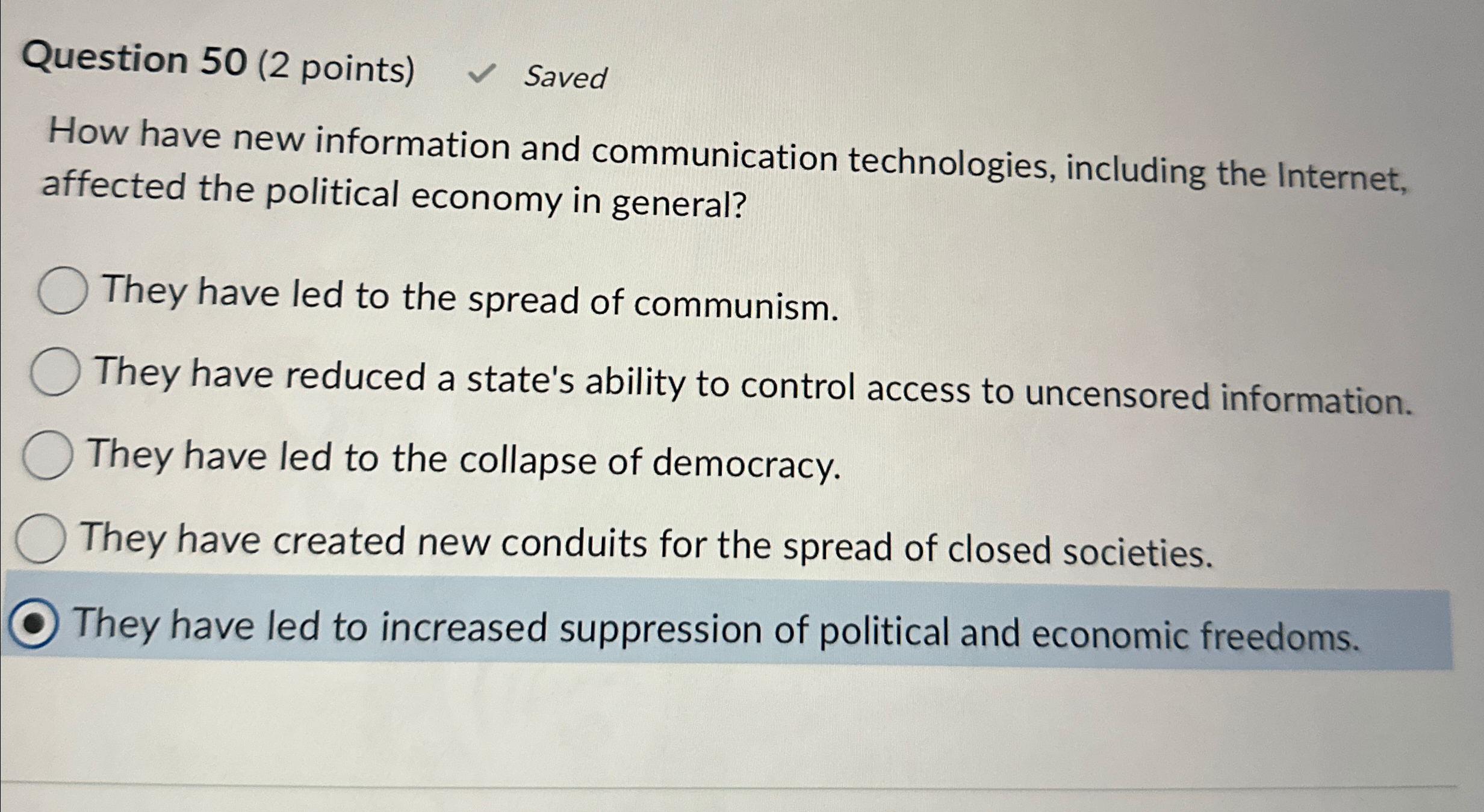 Solved Question 50 (2 ﻿points) ﻿SavedHow have new | Chegg.com