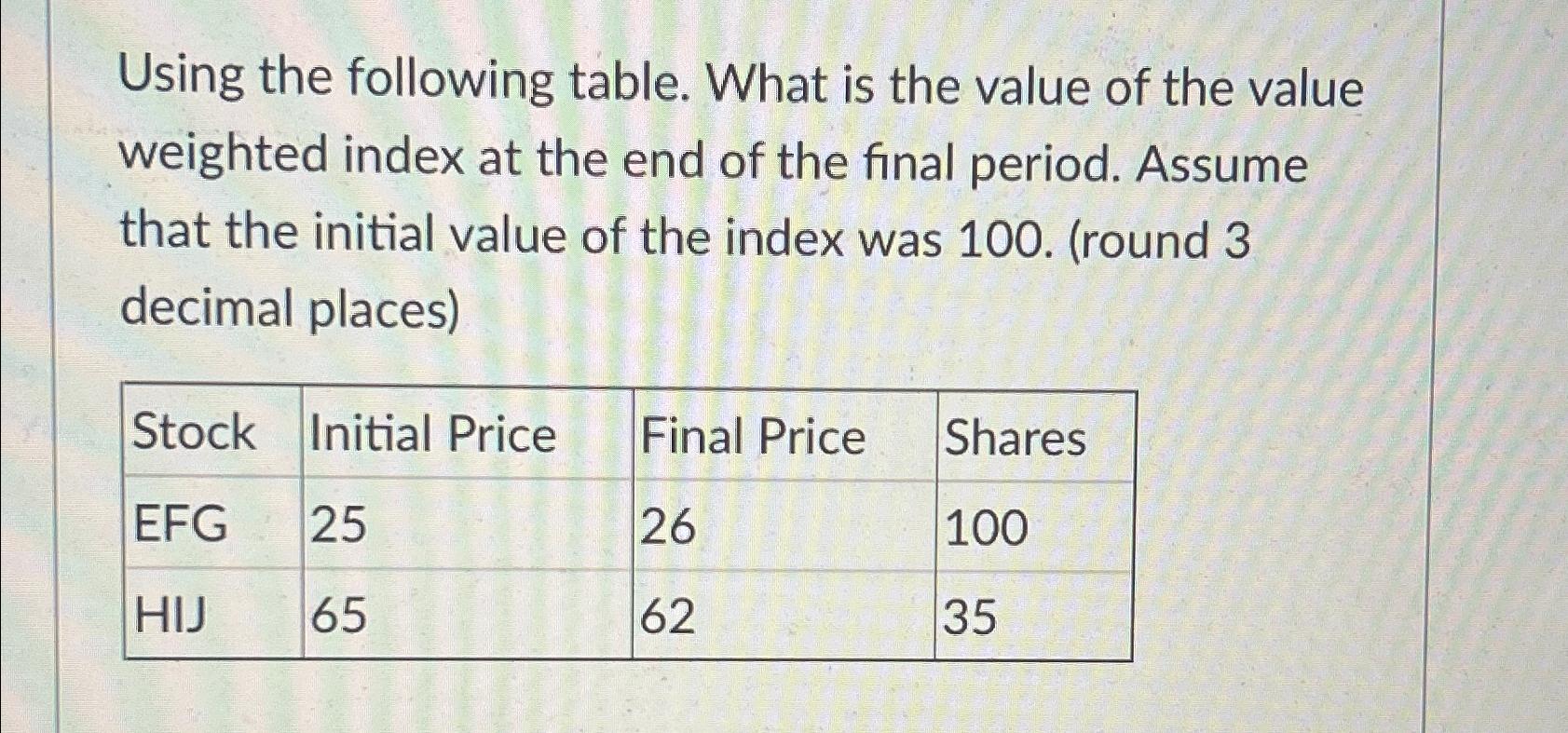 Solved Using the following table. What is the value of the | Chegg.com