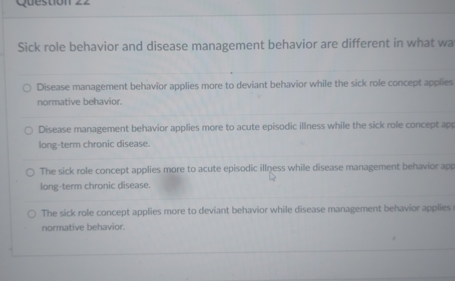 Solved Sick role behavior and disease management behavior | Chegg.com