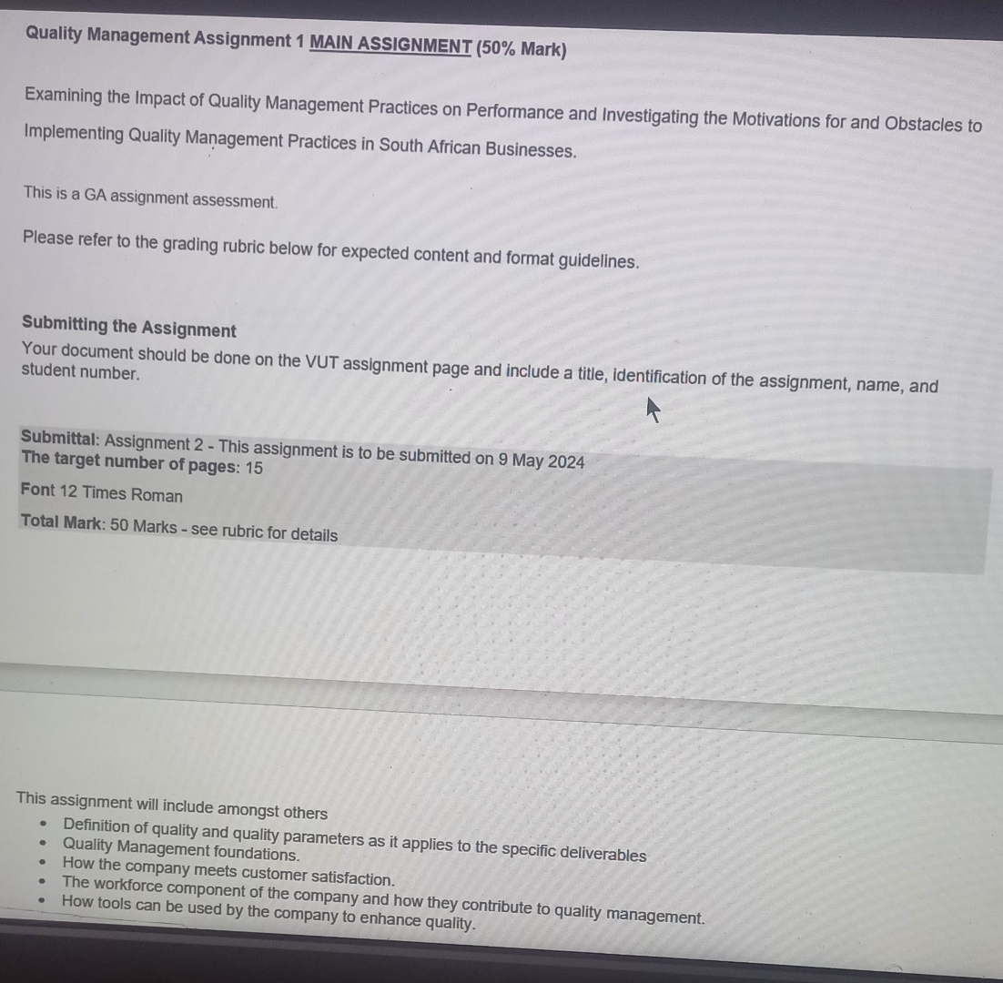 Solved Quality Management Assignment 1 ﻿MAIN ASSIGNMENT (50% | Chegg.com