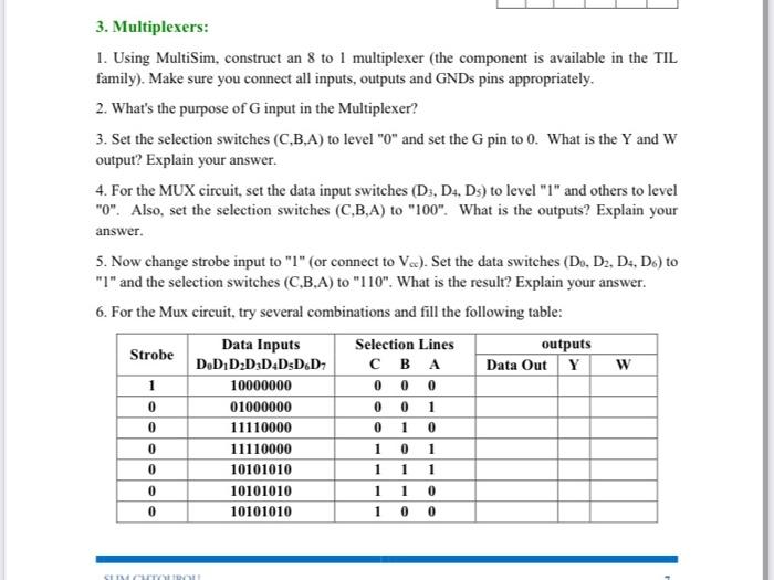Solved 3. Multiplexers: 1. Using MultiSim, construct an 8 to | Chegg.com