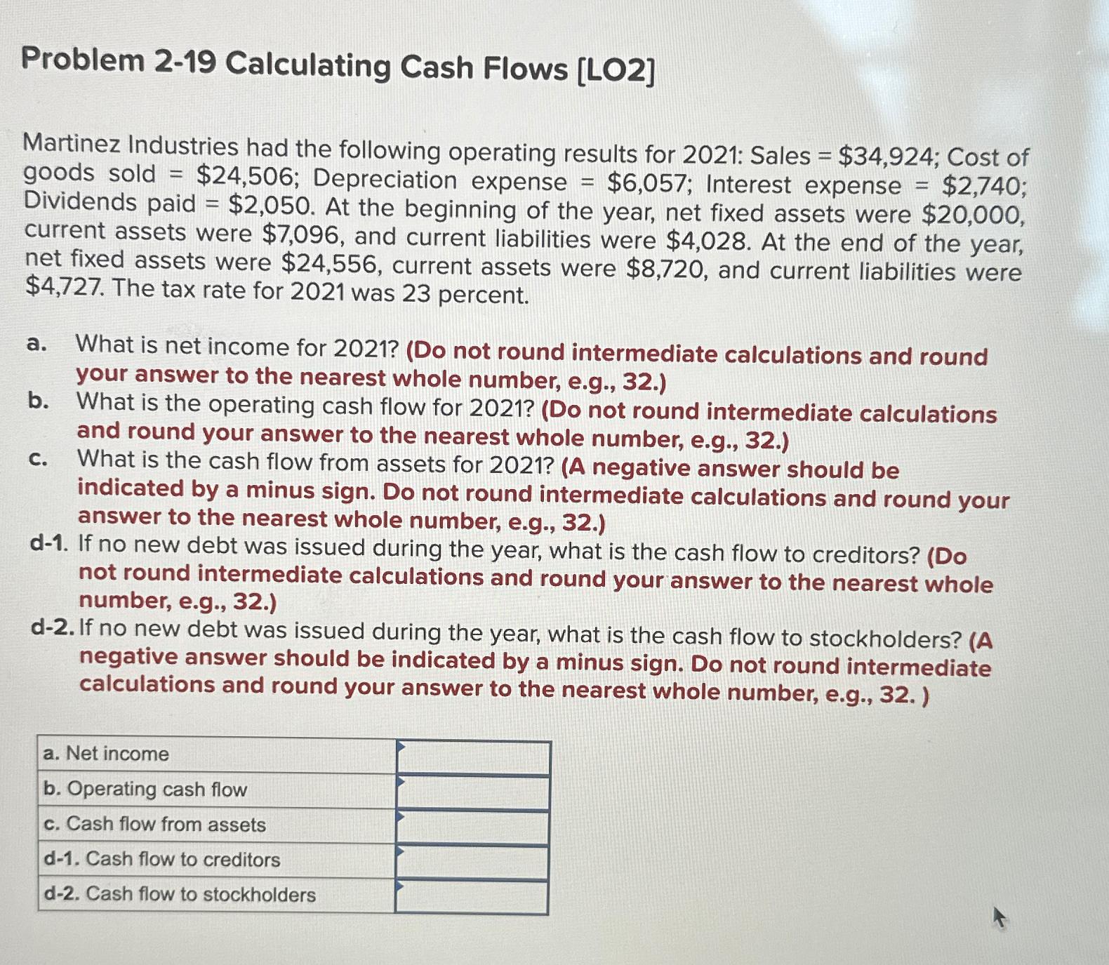 Solved Problem 2-19 ﻿Calculating Cash Flows [LO2]Martinez | Chegg.com