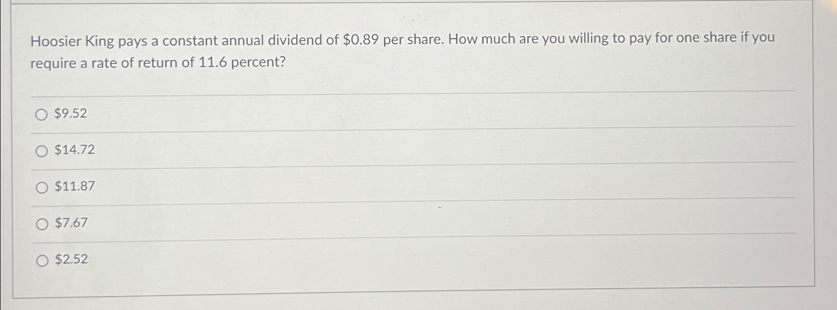 Solved Hoosier King pays a constant annual dividend of $0.89 | Chegg.com