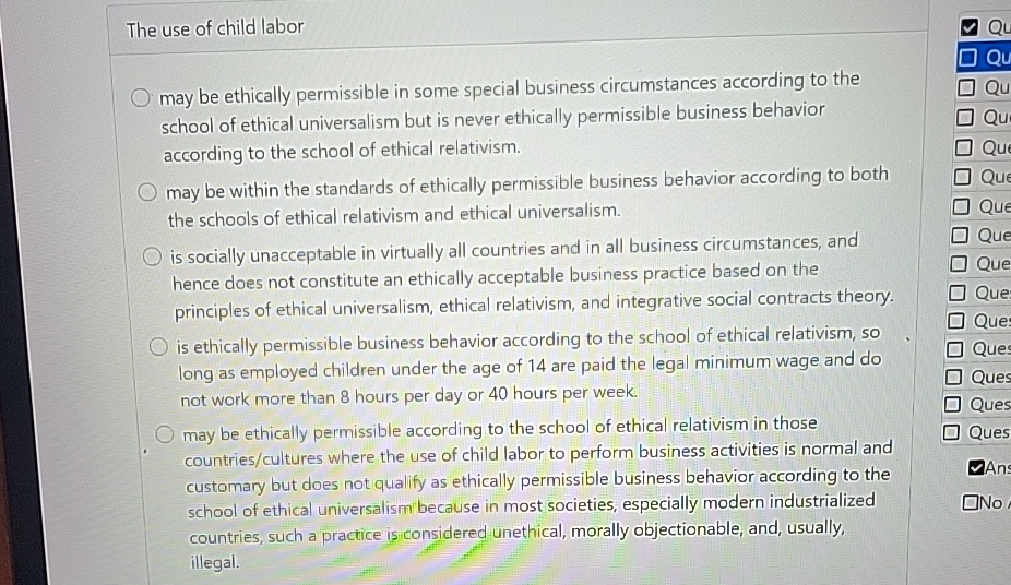 Solved The use of child labormay be ethically permissible in | Chegg.com