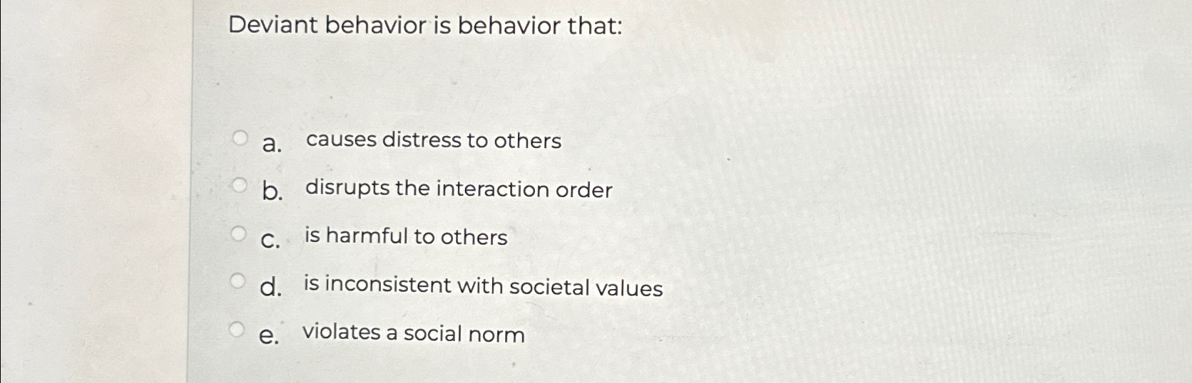 Solved Deviant behavior is behavior that:a. ﻿causes distress | Chegg.com