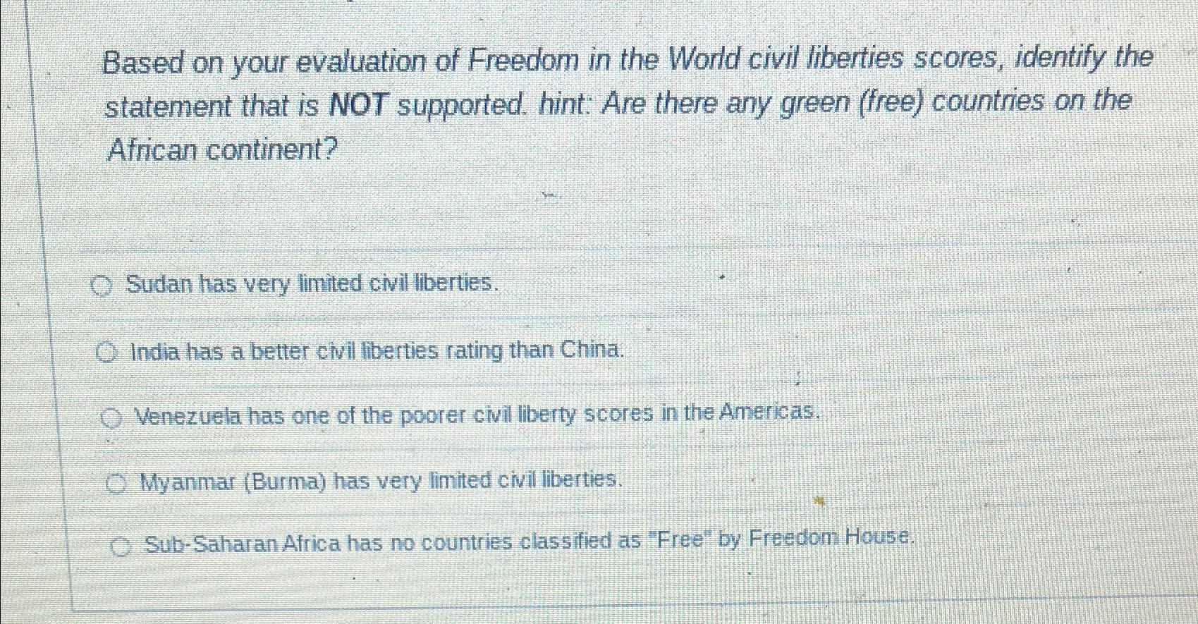 Solved Based on your evaluation of Freedom in the World | Chegg.com