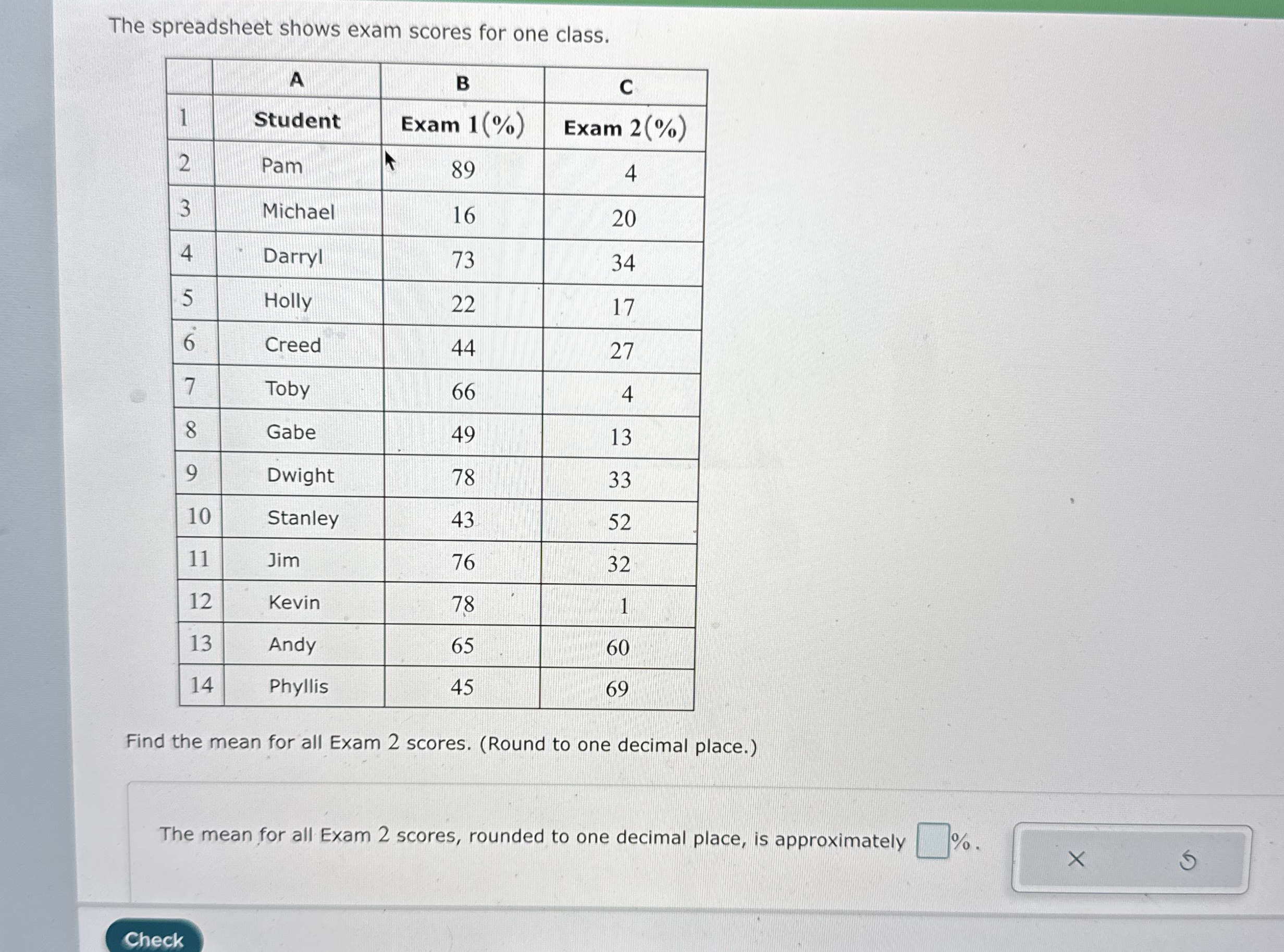 The spreadsheet shows exam scores for one class.Find | Chegg.com