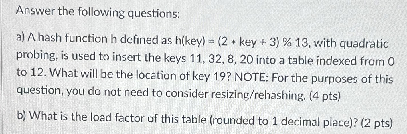 Solved Answer the following questions:a) ﻿A hash function h | Chegg.com