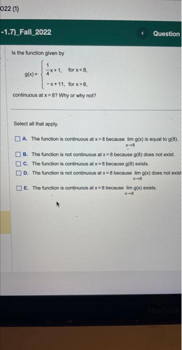 Solved Is the function given by g(x)={41x+1,−x+11, for x