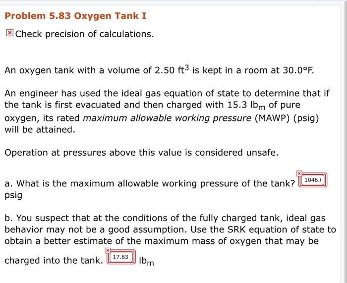 Solved Problem 5.83 Oxygen Tank I * Check precision of | Chegg.com