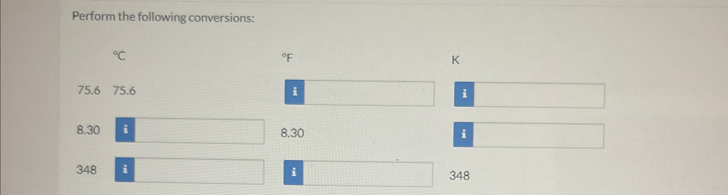 Solved Perform the following conversions:\table[[,°C,°F,K | Chegg.com