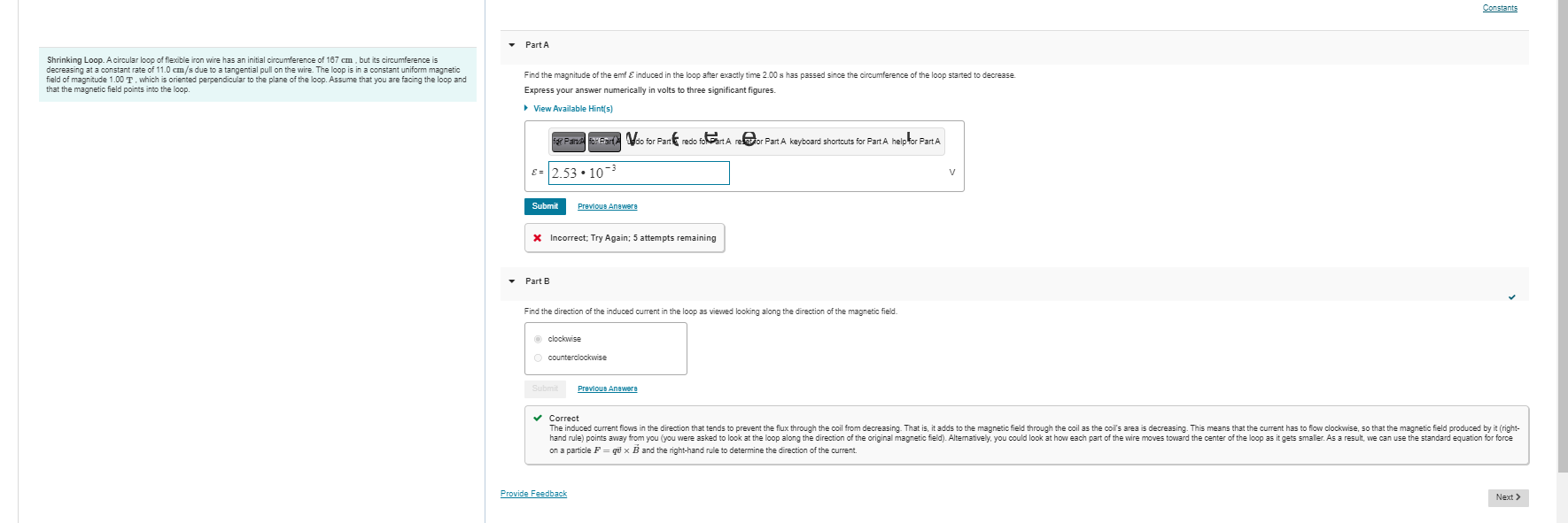Solved Shrinking Loop. A circular loop of flexible iron wire | Chegg.com