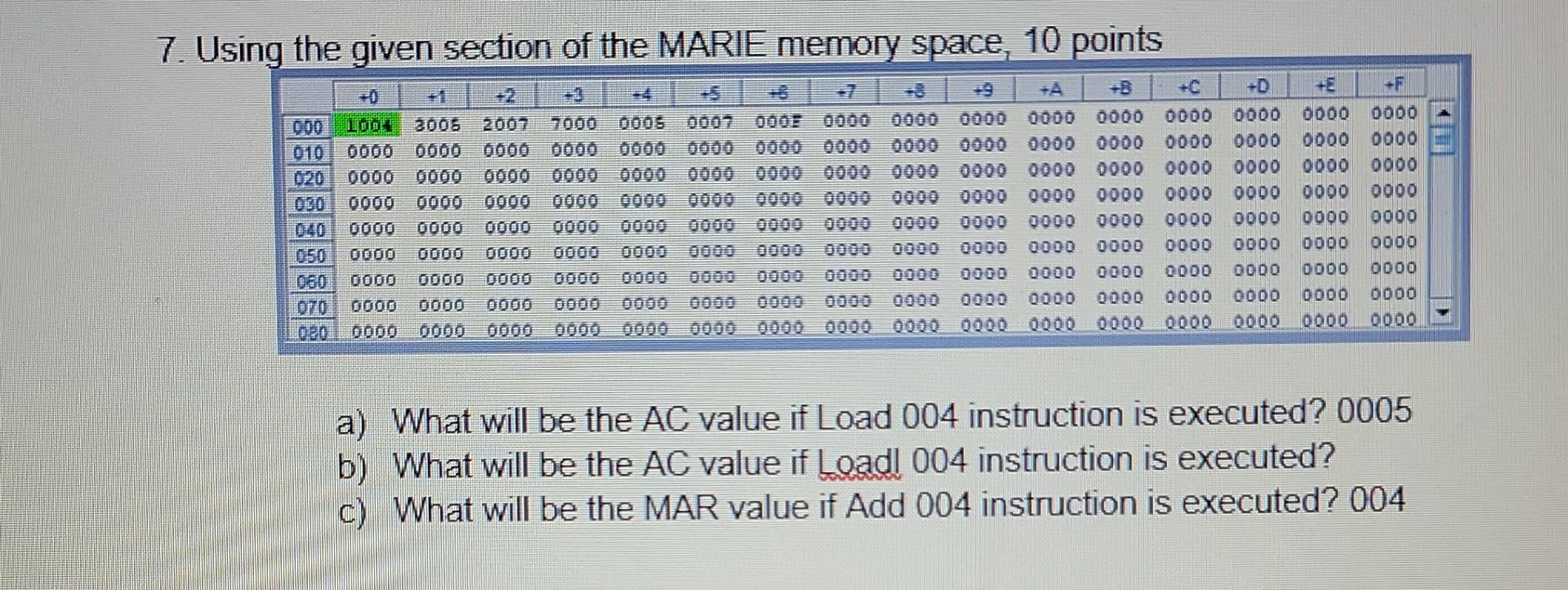Solved 7. Using the given section of the MARIE memory space, | Chegg.com