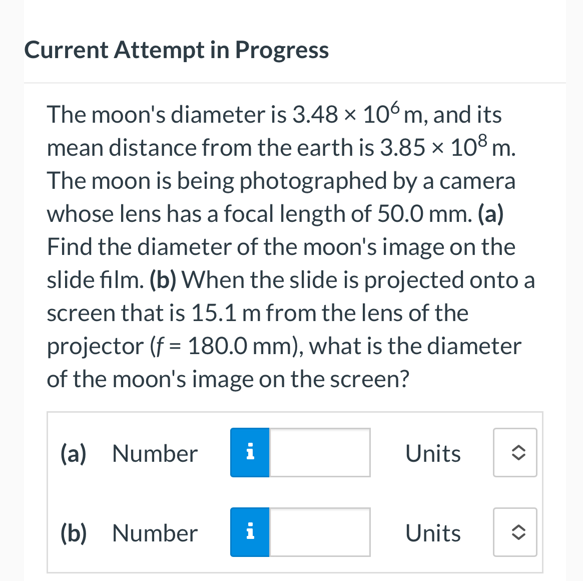 Solved Current Attempt in ProgressThe moon's diameter is | Chegg.com