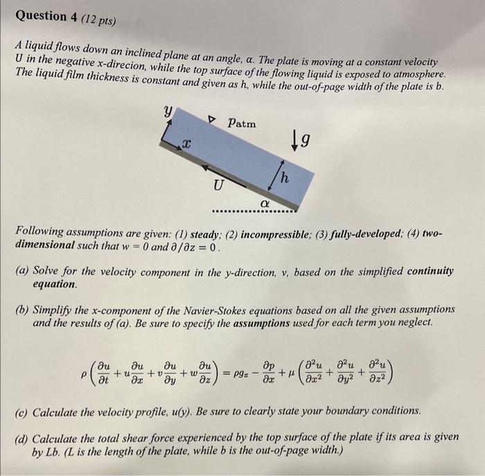 Solved A liquid flows down an inclined plane at an angle, α. | Chegg.com