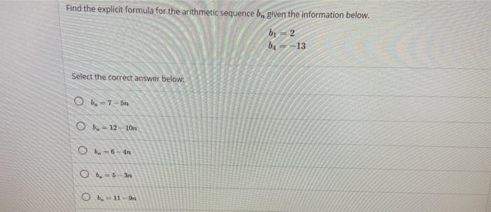 Solved Find the explicit formula for the arithmetic sequence | Chegg.com