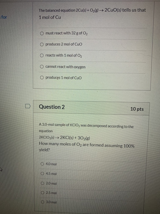 Solved The balanced equation 2Cu(s) + O2(g) → 2CuO(s) tells | Chegg.com