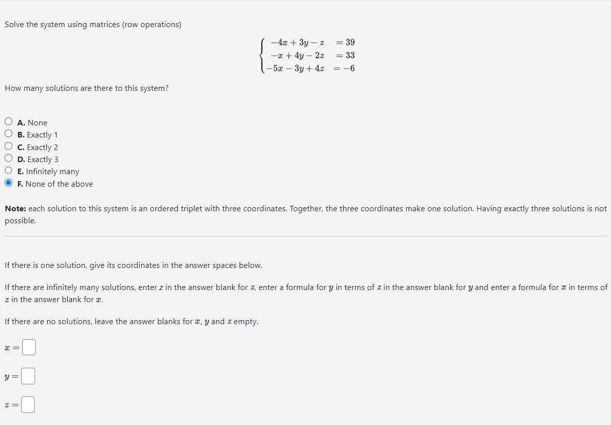 Solved Solve the system using matrices (row | Chegg.com