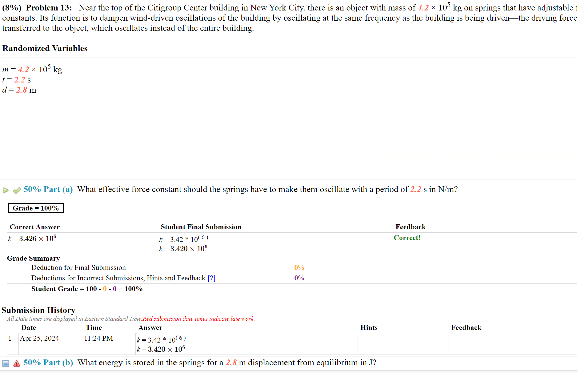 Solved 50% ﻿Part (a) ﻿What effective force constant should | Chegg.com