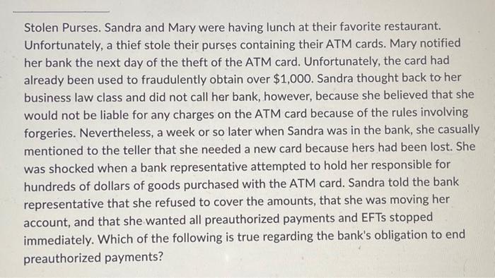 Solved Stolen Purses. Sandra and Mary were having lunch at | Chegg.com