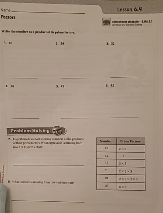 Solved Lesson 6.4 Name Factors COMMON CORE STANDARD -5.0A | Chegg.com