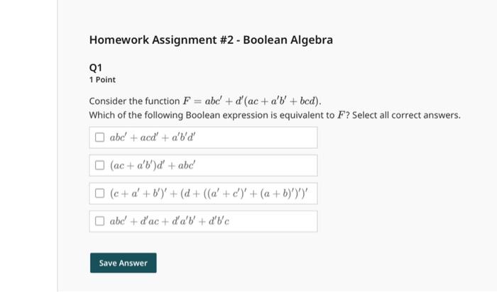 Solved Homework Assignment \#2 - Boolean Algebra Q1 1 Point | Chegg.com