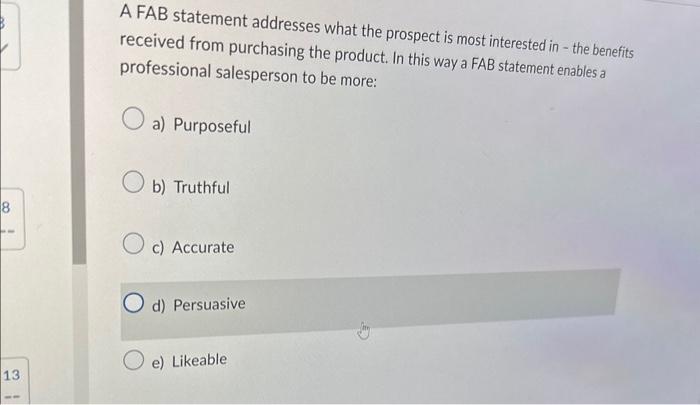 Solved A FAB statement addresses what the prospect is most | Chegg.com