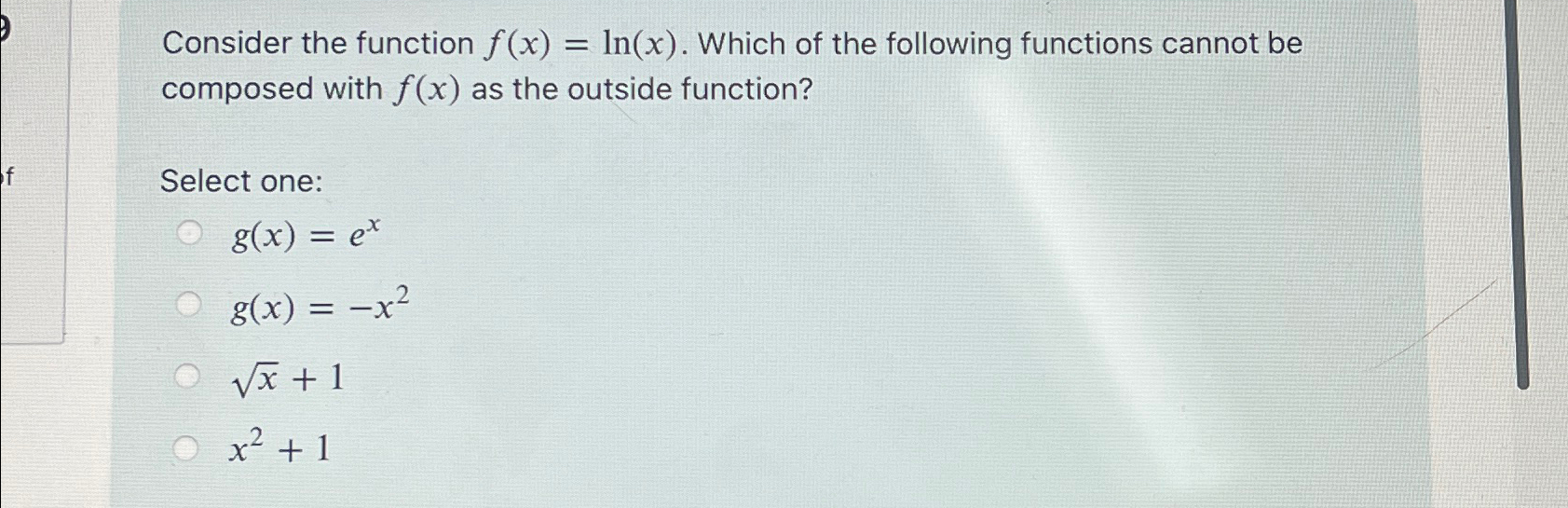 Solved Consider the function f(x)=ln(x). ﻿Which of the | Chegg.com