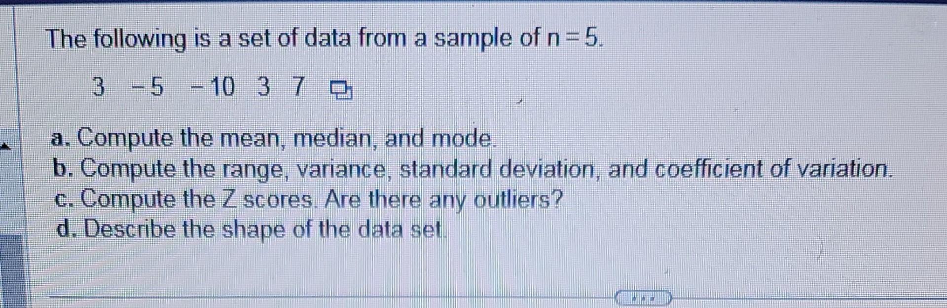 Solved The following is a set of data from a sample of n=5. | Chegg.com