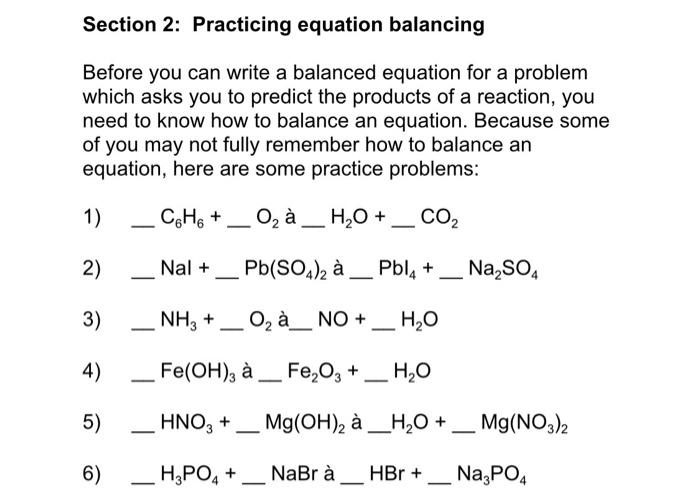 Solved Section 2: Practicing equation balancing Before you | Chegg.com